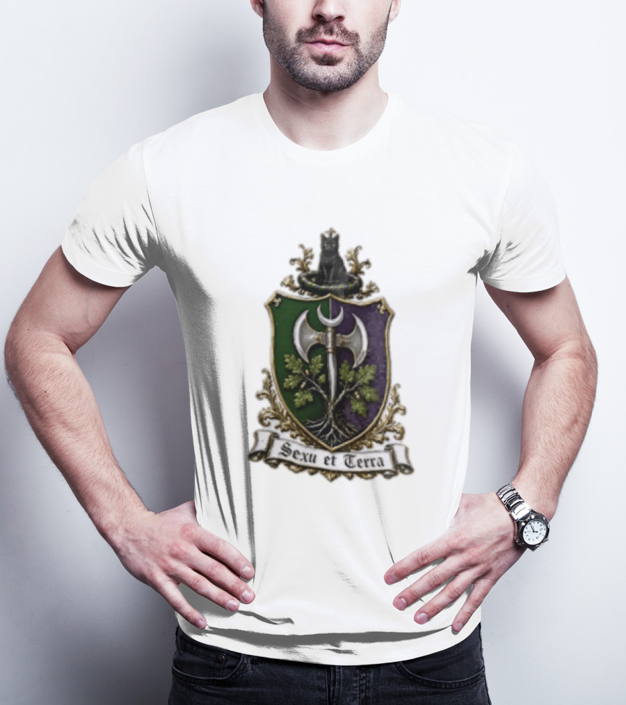 Sexu Et Terra Green Purple Shield Black Cat Axe And Tree Crest T-Shirt