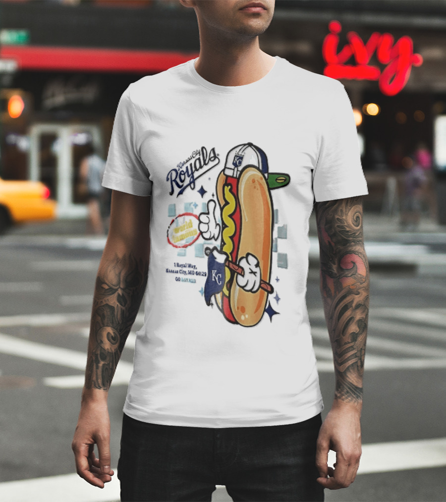 Kansas City Royals World Famous 1 Royal Way Mo 64129 Cartoon Hot Dog KC Cap T-Shirt