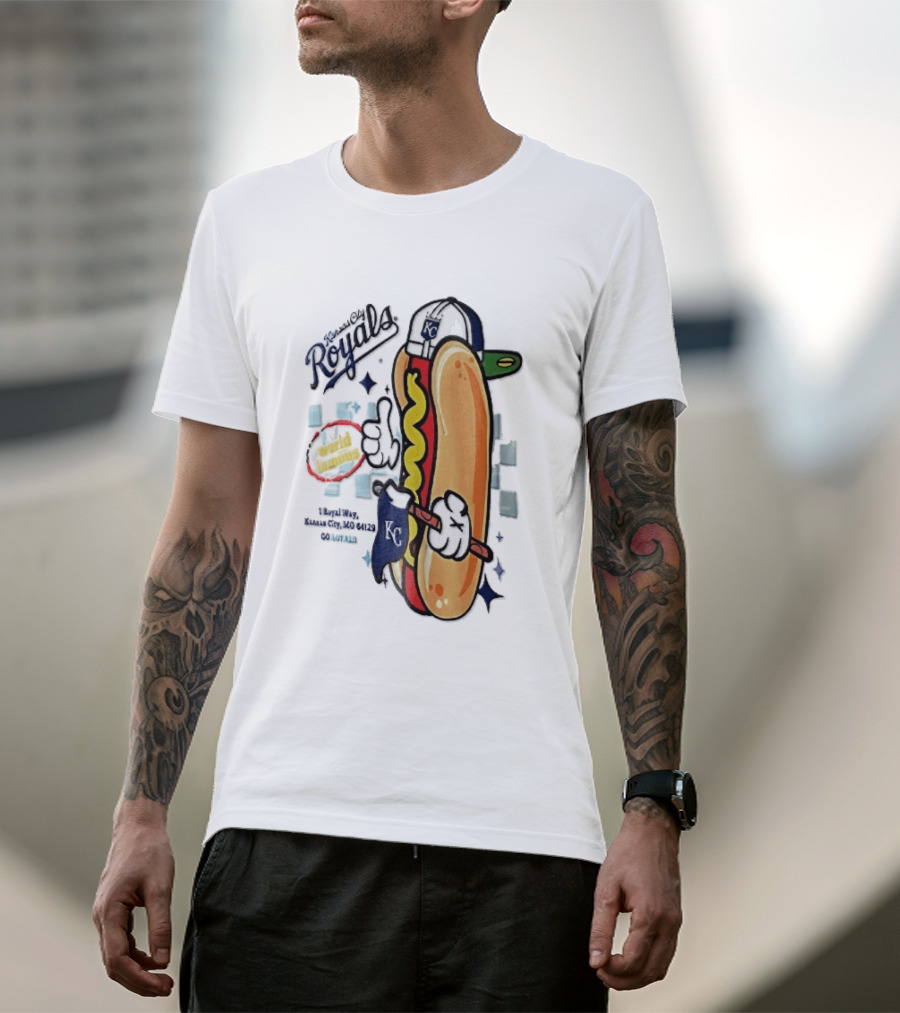 Kansas City Royals World Famous 1 Royal Way Mo 64129 Cartoon Hot Dog KC Cap T-Shirt