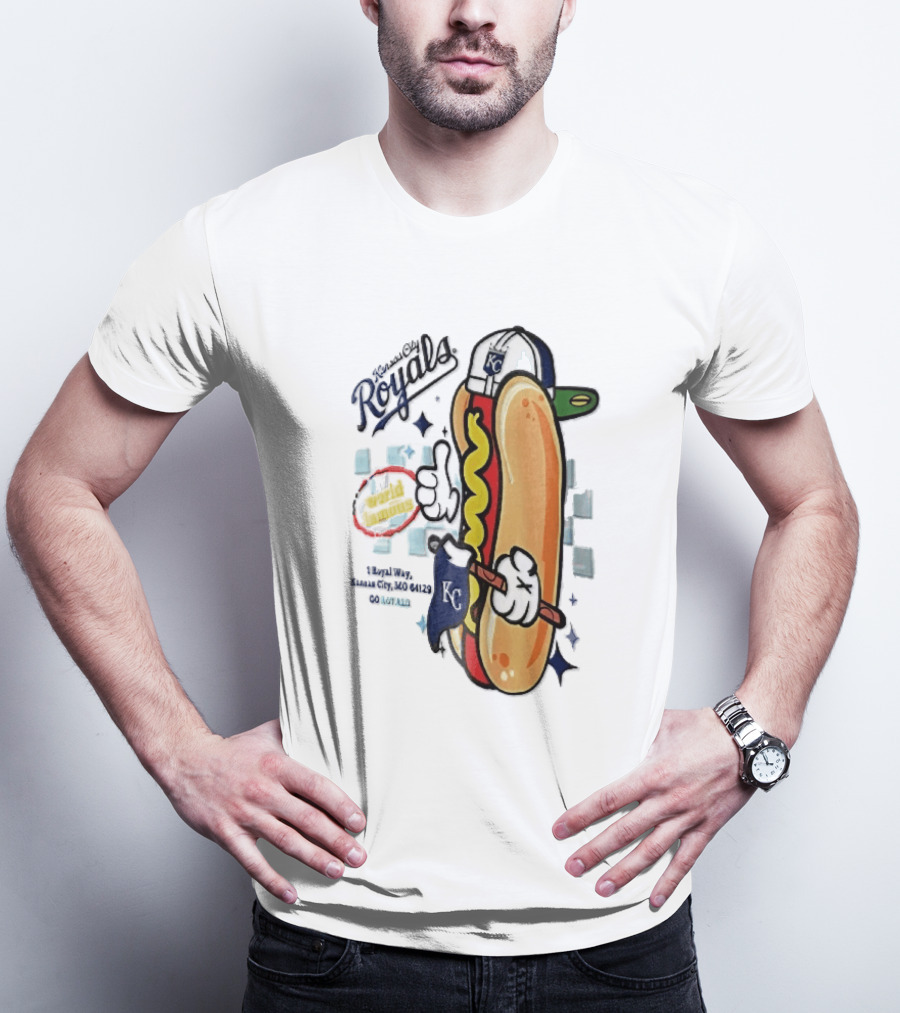 Kansas City Royals World Famous 1 Royal Way Mo 64129 Cartoon Hot Dog KC Cap T-Shirt