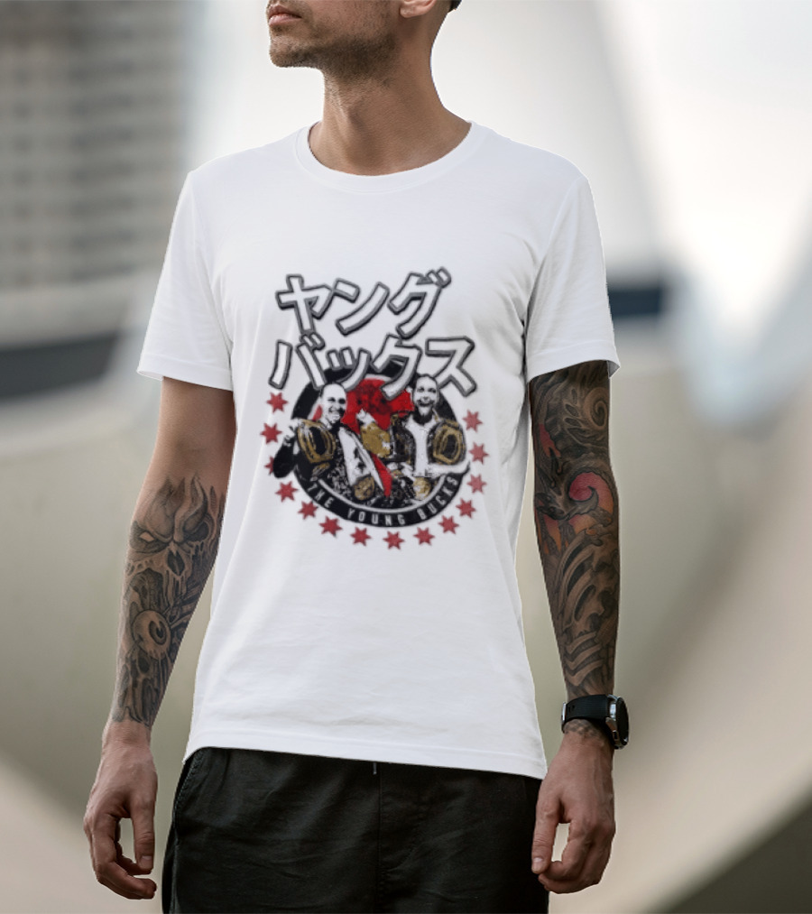 Young Bucks Wrestling Tag Team With Championship Belts And Red Star Circle T-Shirt