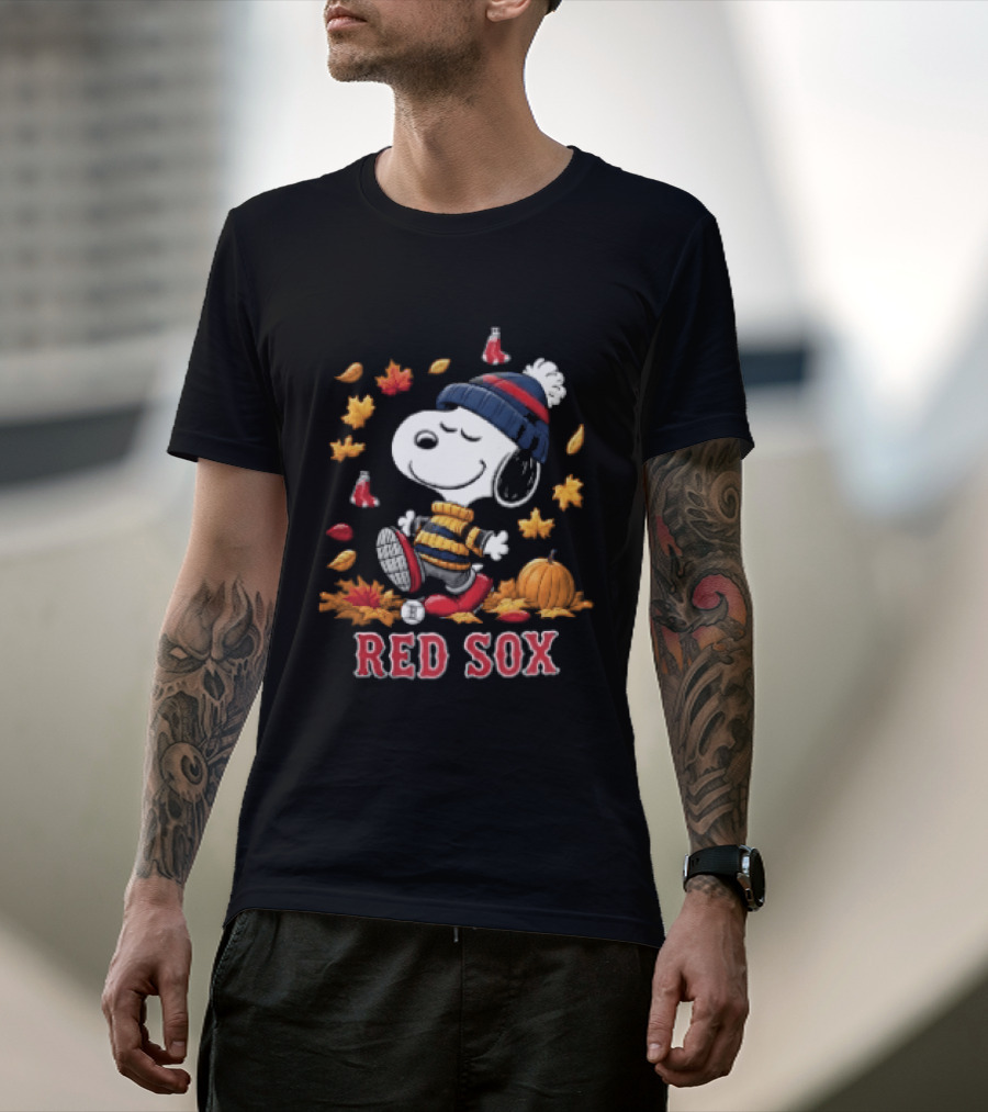 Boston Red Sox Snoopy Walking With Autumn Leaves And Pumpkin T-Shirt