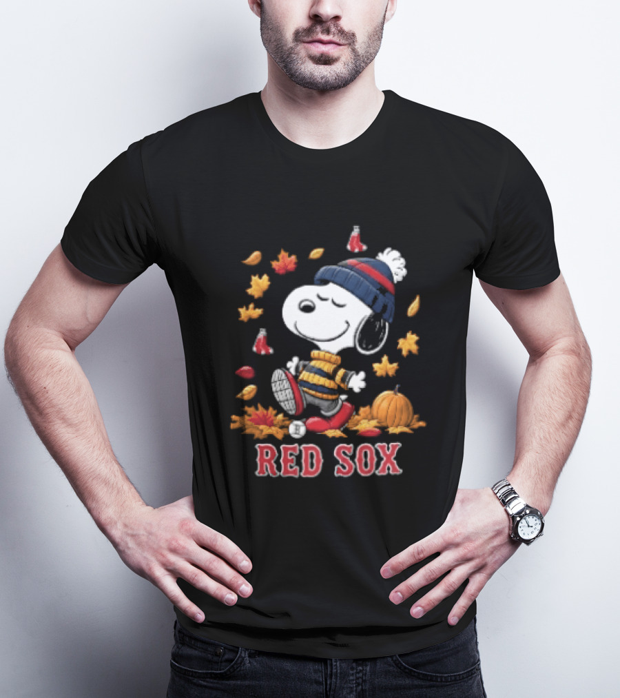 Boston Red Sox Snoopy Walking With Autumn Leaves And Pumpkin T-Shirt