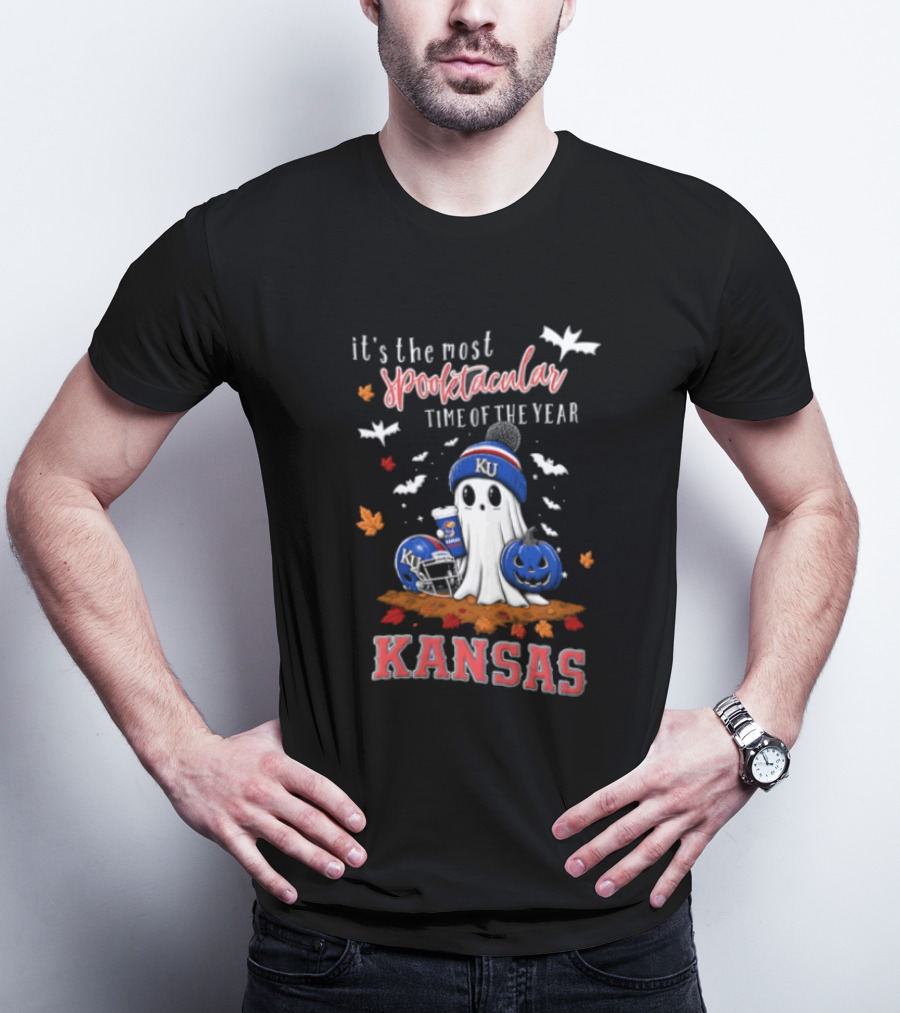 Kansas Jayhawks It's The Most Spooktacular Time Of Year Ghost Beanie Pumpkin T-Shirt