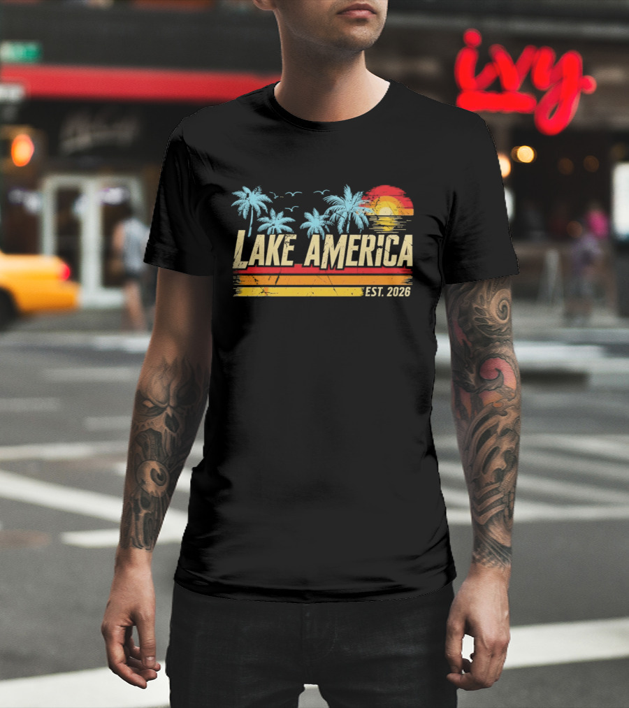 Lake America Est 2026 Tropical Vacation Sunset Palm Trees And Seagulls T-Shirt