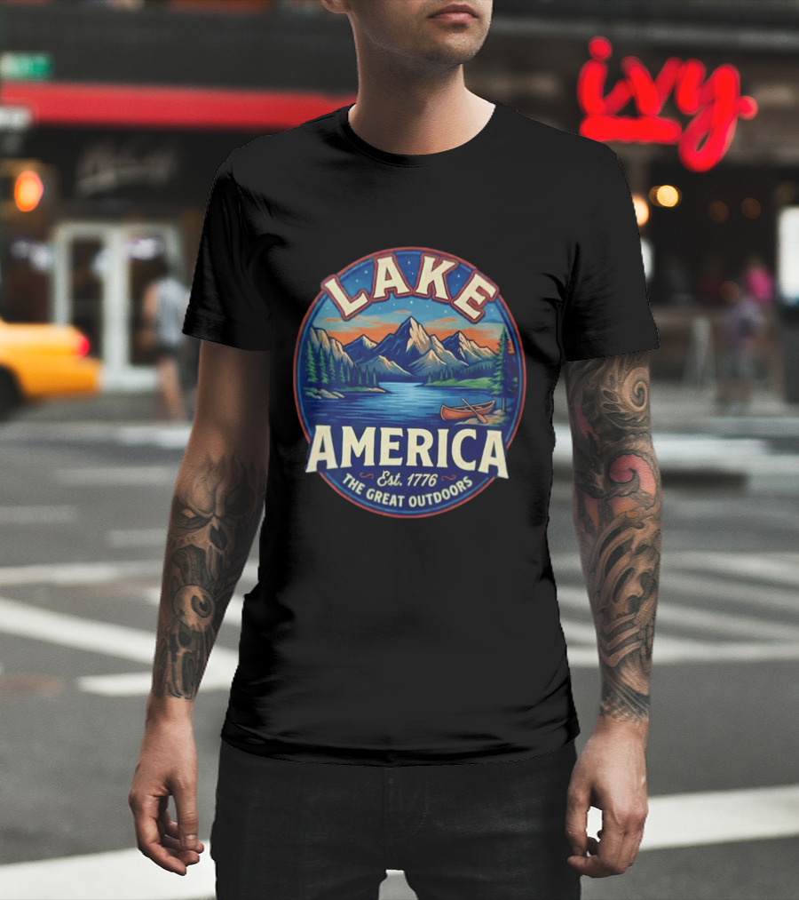 Lake America The Great Outdoors Est. 1776 Mountain Scene Canoe T-Shirt