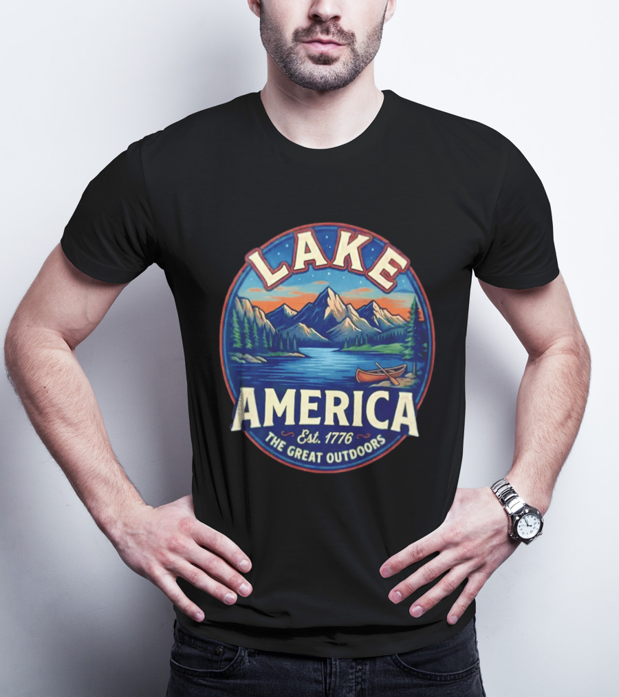Lake America The Great Outdoors Est. 1776 Mountain Scene Canoe T-Shirt