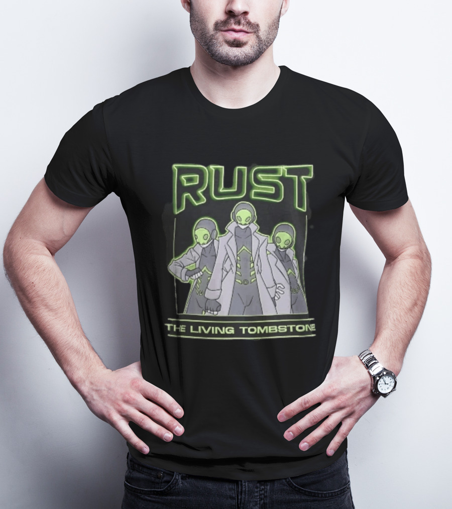 RUST The Living Tombstone Three Masked Figures Glowing Neon Trench Coats T-Shirt