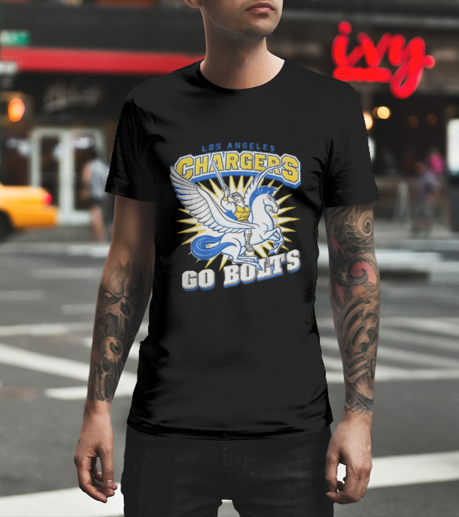 Los Angeles Chargers Go Bolts Hercules Pegasus Sword Cartoon Sunburst T-Shirt