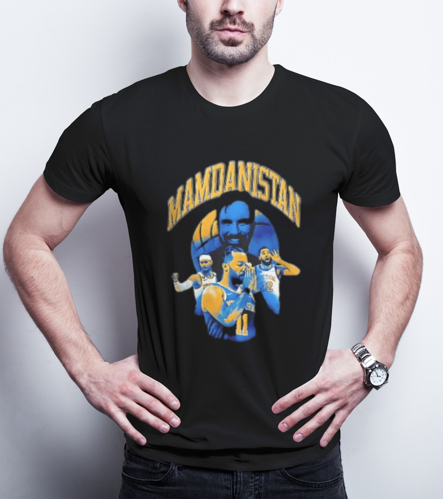 Mamdanistan Jalen Brunson Karl Anthony Towns Zohran Mamdani Halftone Basketball Collage T-Shirt