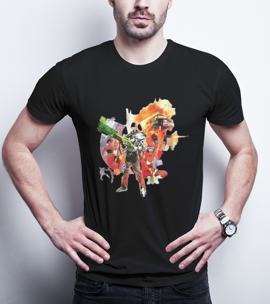Masked Skeleton Soldier Green Rifle Fire Explosion Flying Truck Collage T-Shirt