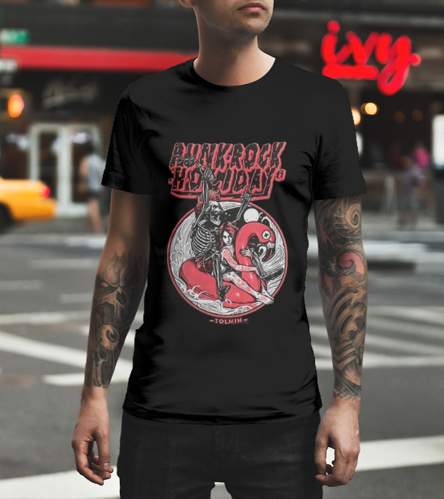 Punk Rock Holiday 19 Tolmin Mohawk Skeleton Riding Pink Flamingo Ocean Waves T-Shirt