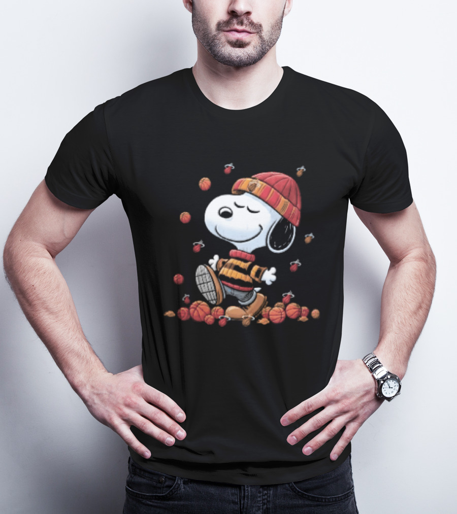 Miami Heat NBA Snoopy Walking Beanie Striped Flaming Basketballs Black T-Shirt