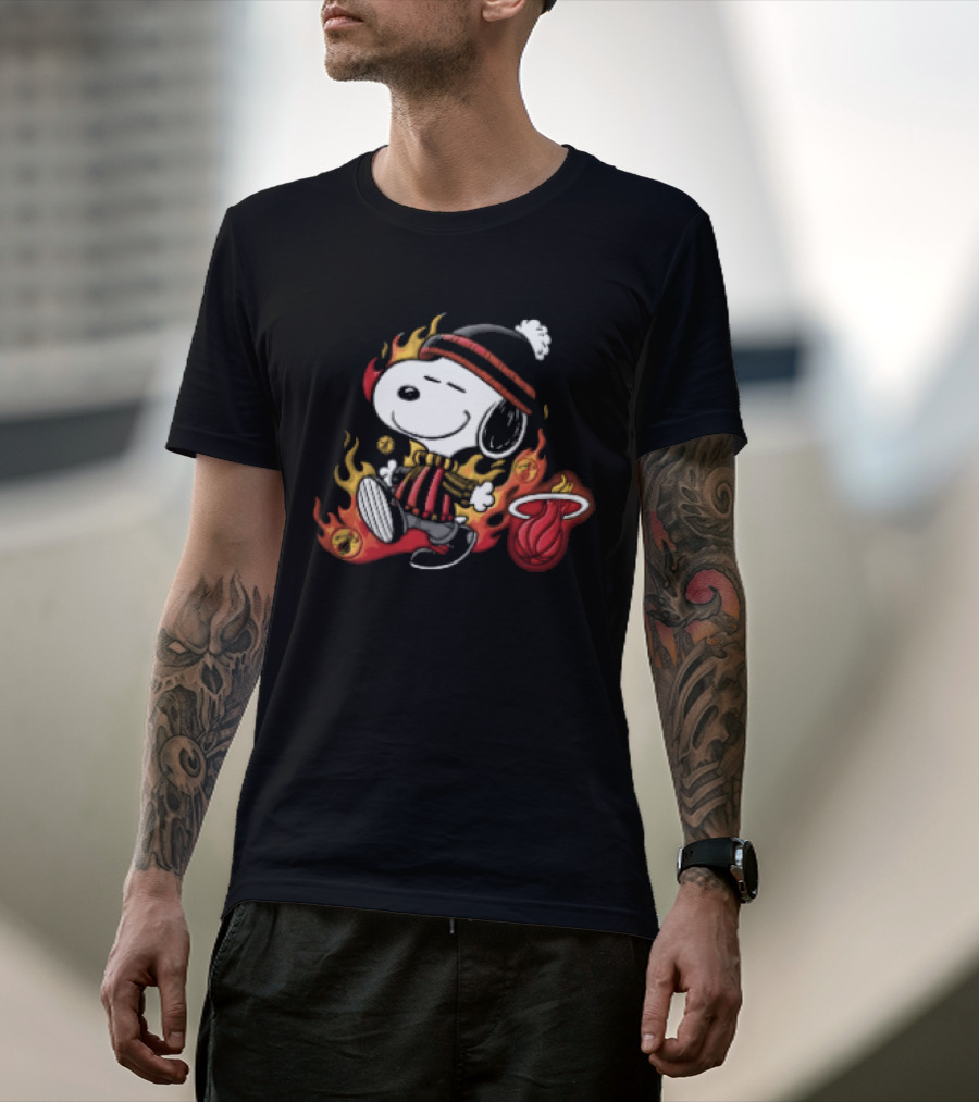 Miami Heat NBA Snoopy Walking Beanie Striped Flames Cartoon T-Shirt
