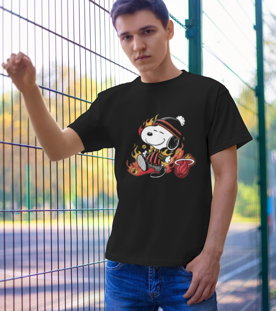 Miami Heat NBA Snoopy Walking Beanie Striped Flames Cartoon T-Shirt