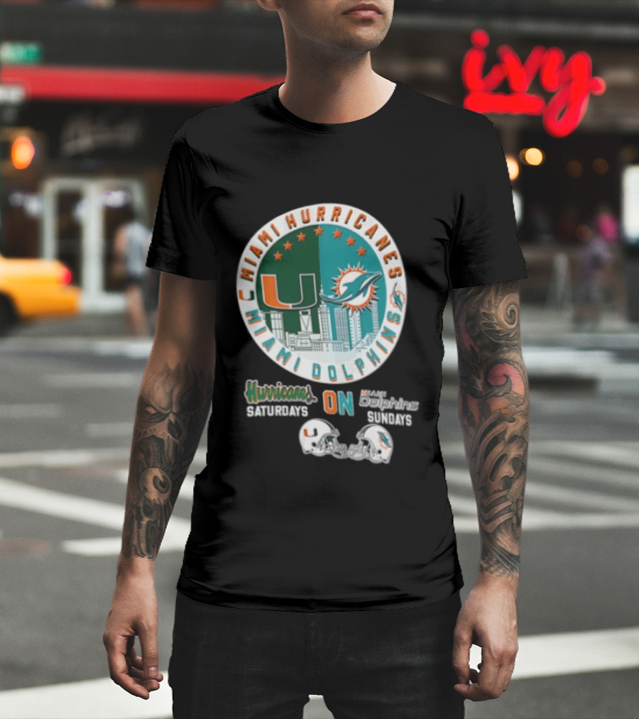 Miami Hurricanes Dolphins City Skyline Saturdays Sundays Two Helmets T-Shirt