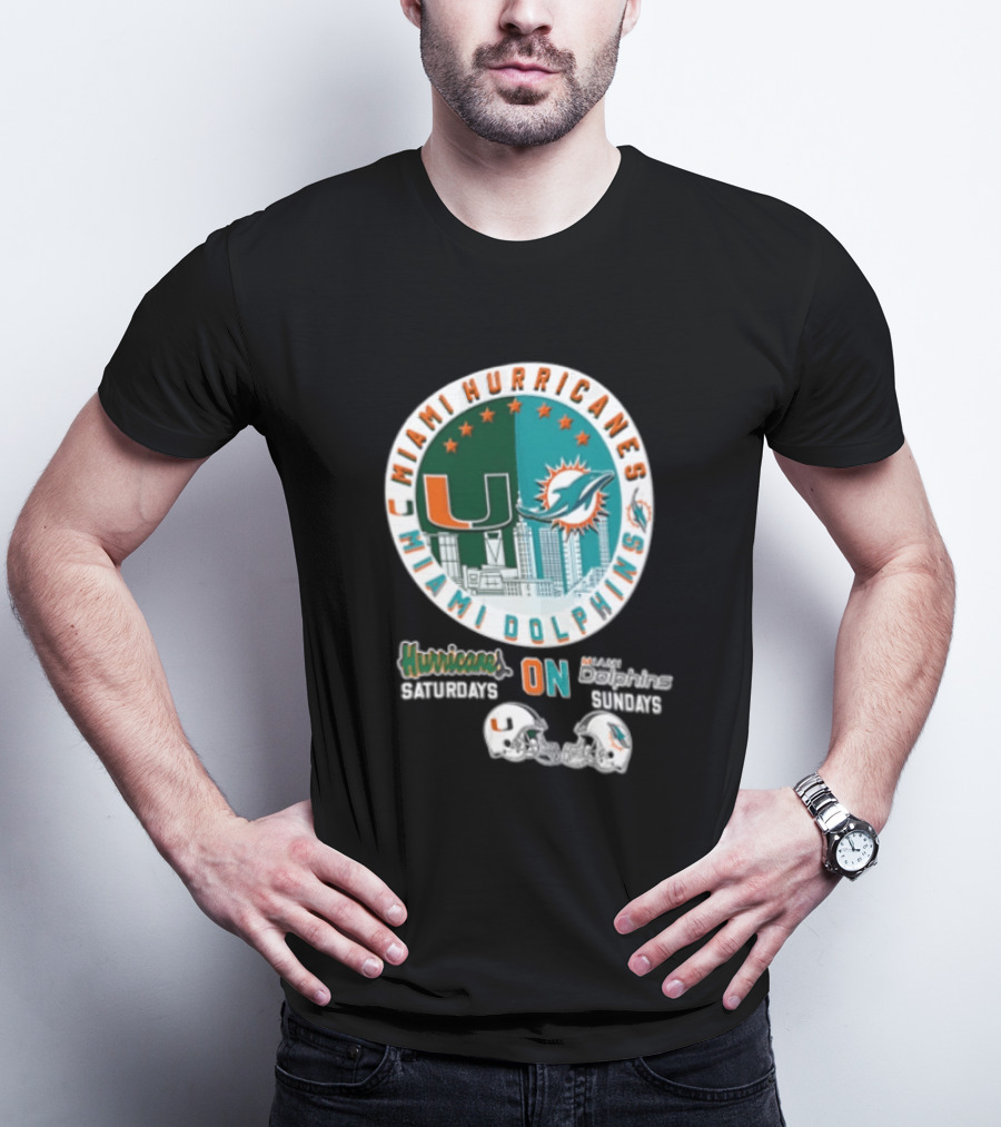 Miami Hurricanes Dolphins City Skyline Saturdays Sundays Two Helmets T-Shirt