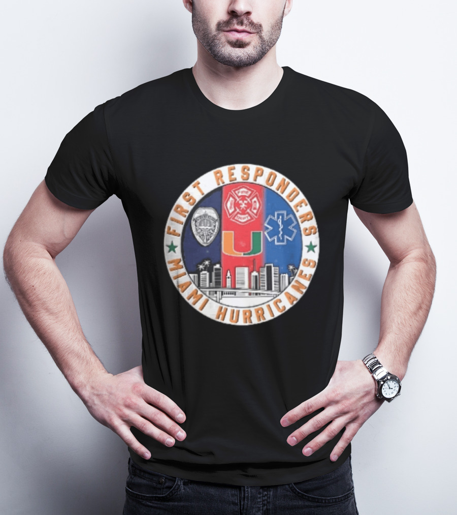 Miami Hurricanes First Responders Police Fire Dept Star Of Life City Skyline Seal T-Shirt