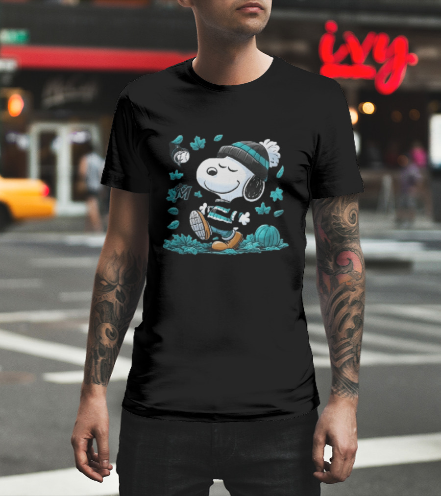 Miami Marlins Snoopy Walking Winter Beanie Autumn Leaves Pumpkin MLB Cartoon T-Shirt