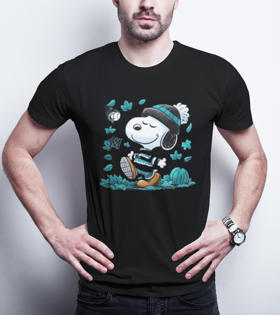 Miami Marlins Snoopy Walking Winter Beanie Autumn Leaves Pumpkin MLB Cartoon T-Shirt