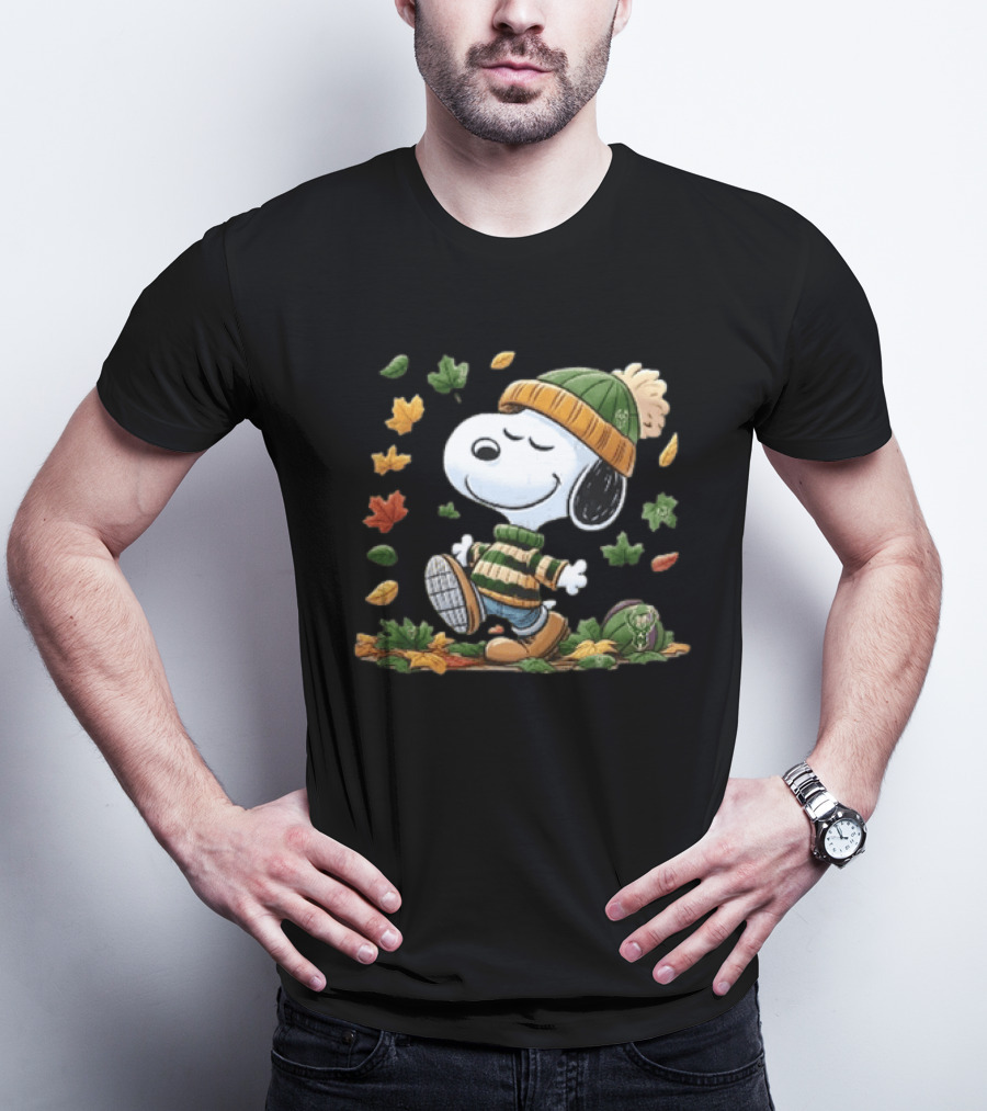 Milwaukee Bucks Snoopy In Beanie Walking Through Autumn Leaves Cartoon T-Shirt