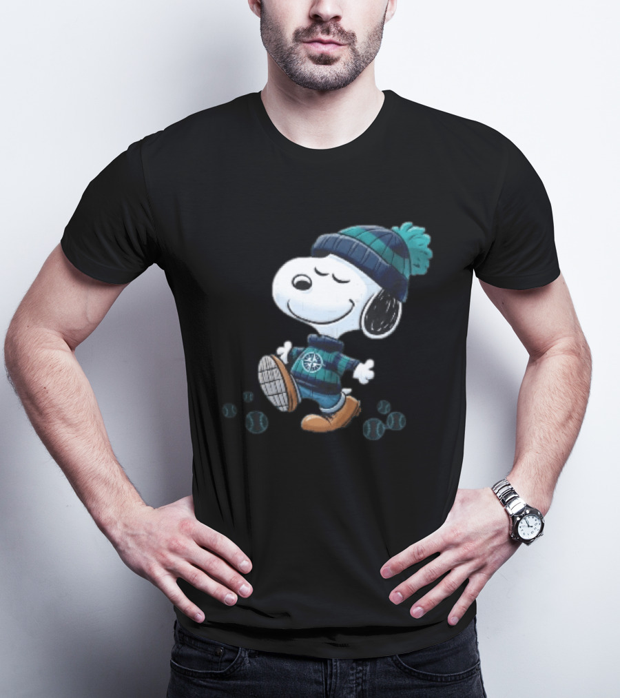 Seattle Mariners Snoopy Walking Beanie And Baseballs MLB Cartoon T-Shirt