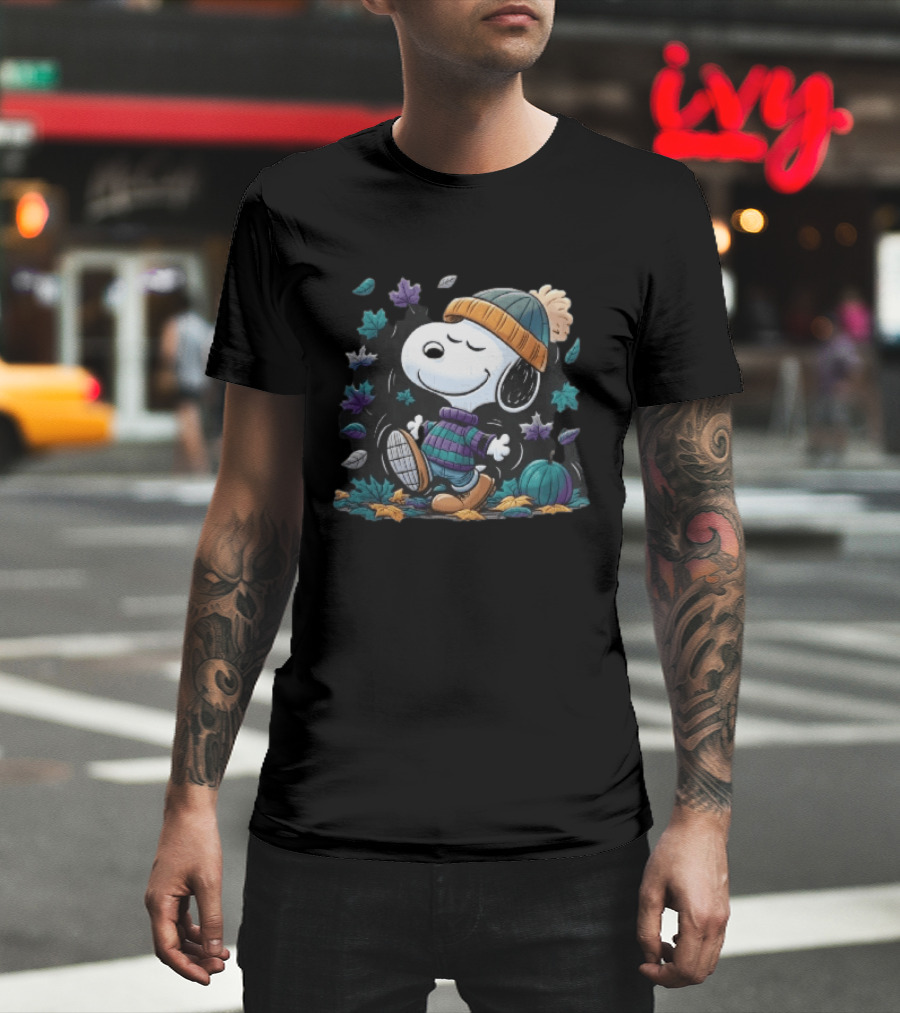 Snoopy Autumn Walk Striped Beanie Pumpkin And Falling Leaves T-Shirt