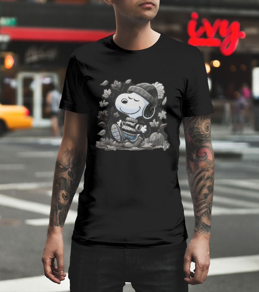 Snoopy Walking Beanie Striped Sweater Autumn Leaves Pumpkin Cartoon T-Shirt