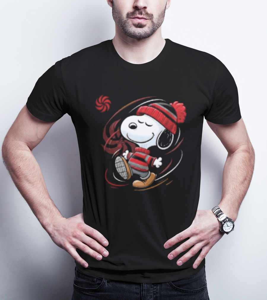 Snoopy Walking Red Black Striped Beanie Swirl Cartoon T-Shirt