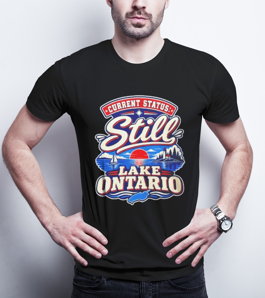 Current Status Still Lake Ontario Sunset Sailboat Lighthouse Scene T-Shirt