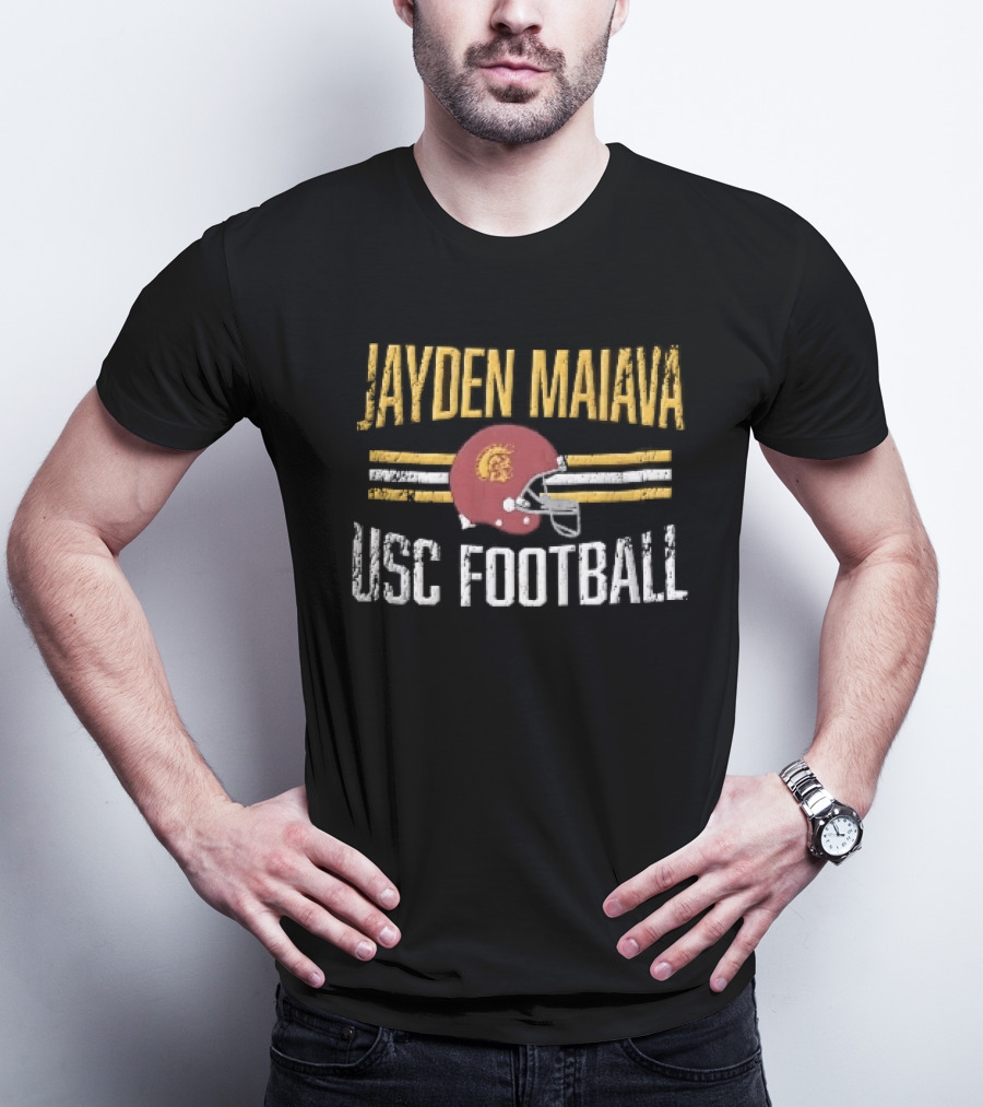 Jayden Maiava USC Football Distressed Helmet Yellow Stripes T-Shirt
