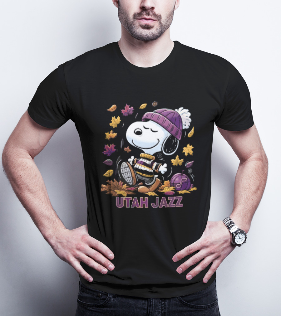 Utah Jazz Snoopy Cartoon Walking In Autumn Leaves Purple Beanie Basketball T-Shirt