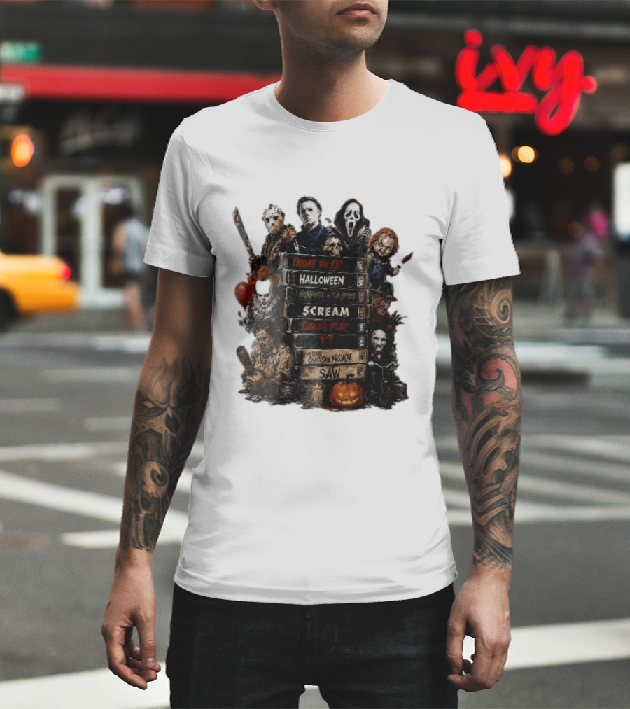 Friday The 13th Halloween Nightmare On Elm Street Scream Child's Play IT Texas Chainsaw Massacre Saw Horror Movie Stack T-Shirt