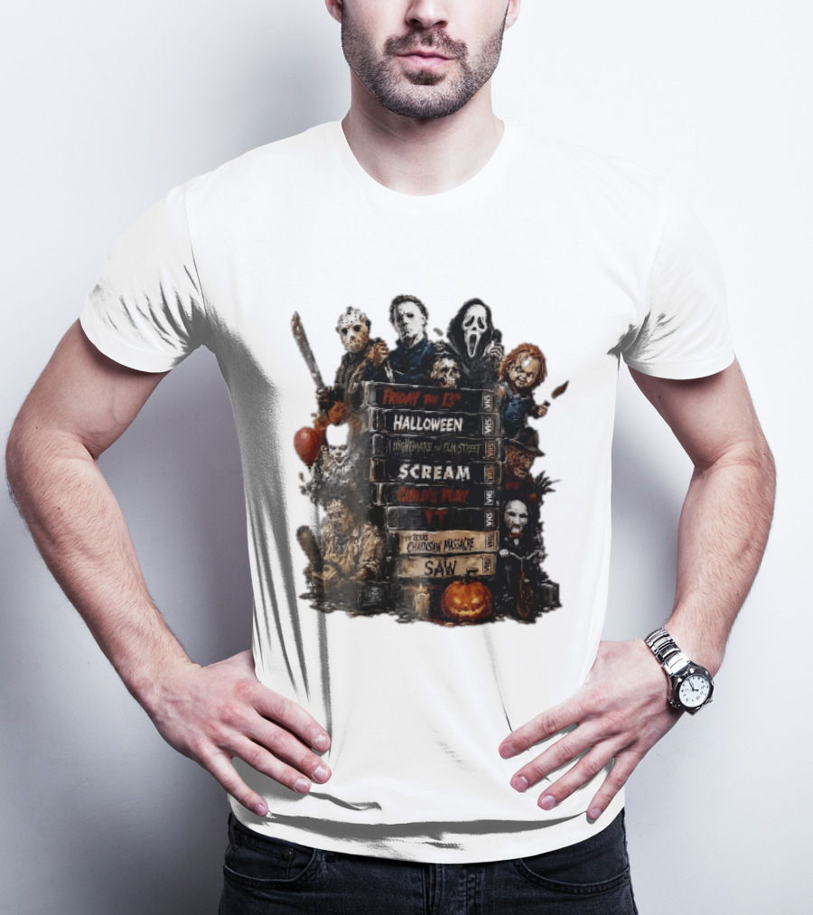 Friday The 13th Halloween Nightmare On Elm Street Scream Child's Play IT Texas Chainsaw Massacre Saw Horror Movie Stack T-Shirt