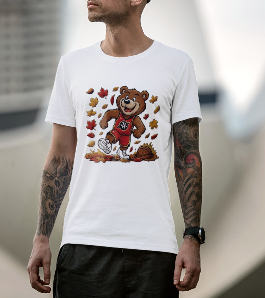 Houston Rockets Clutch The Bear Running With Basketball And Autumn Leaves T-Shirt