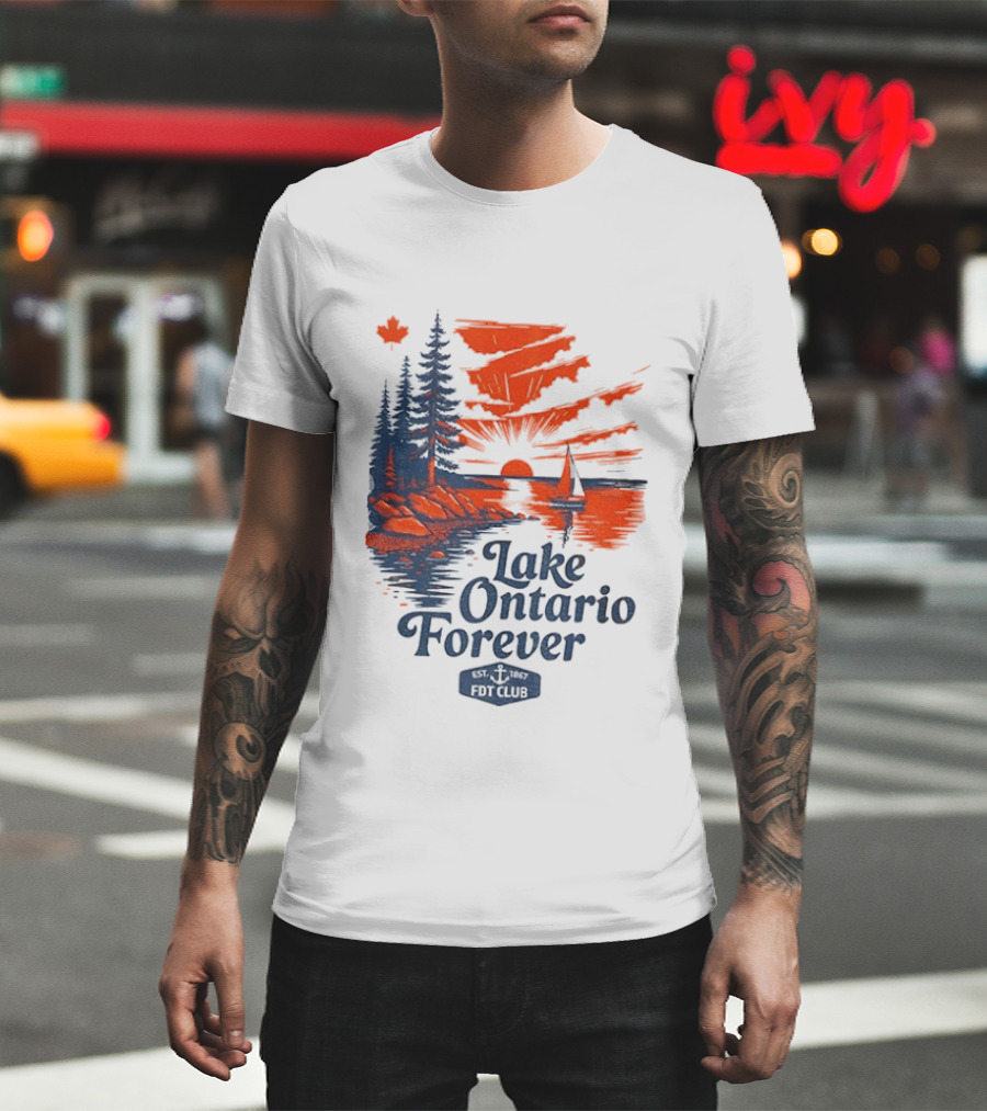 Lake Ontario Forever Sunset Sailboat FDT Club Canada Maple Leaf Scenery T-Shirt
