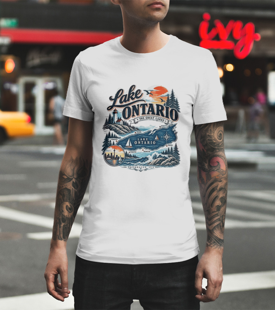Lake Ontario The Great Lakes Map Toronto Hamilton Rochester Freshwater Sea T-Shirt