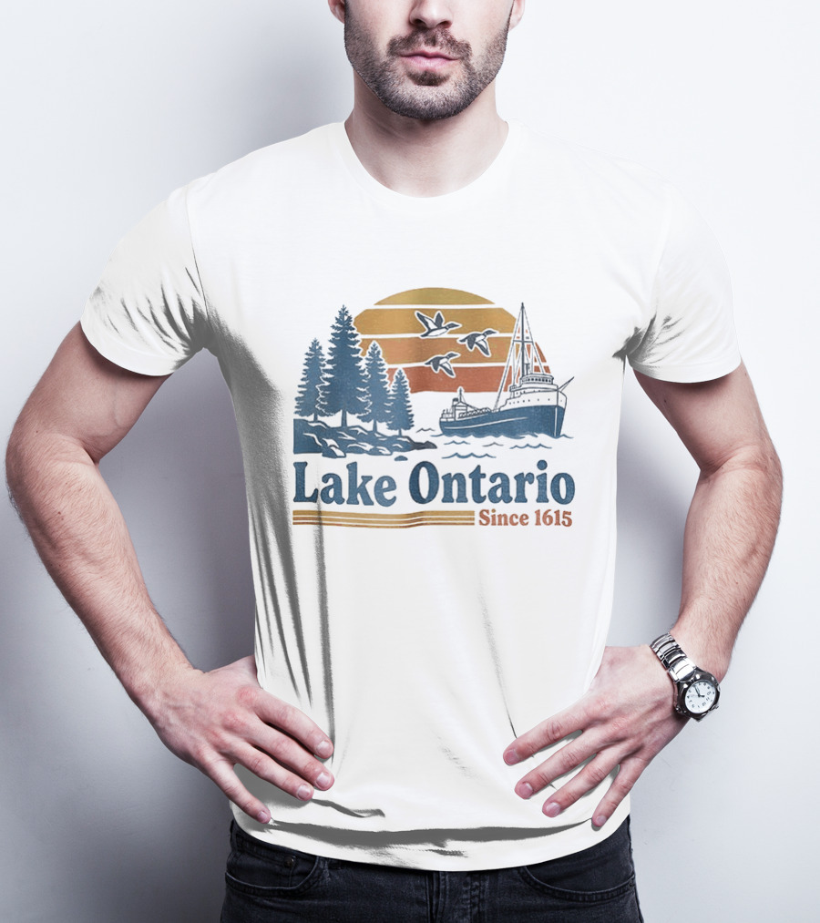 Lake Ontario Great Lakes Since 1615 Scenic Sunrise With Ship And Trees T-Shirt