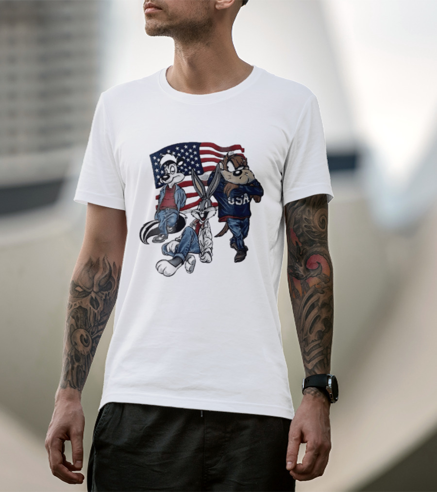 Looney Tunes Pepe Le Pew Bugs Bunny Tasmanian Devil USA American Flag Caricature T-Shirt