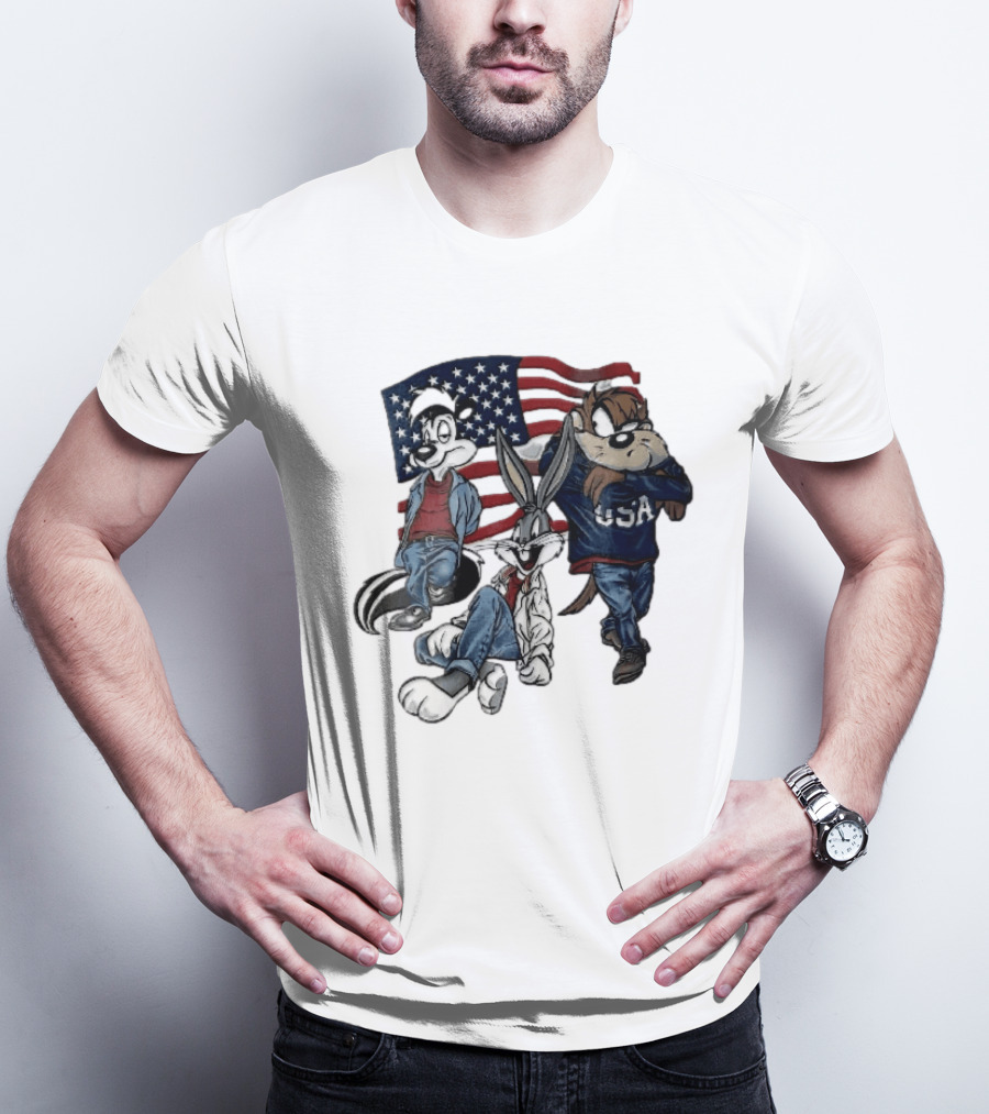 Looney Tunes Pepe Le Pew Bugs Bunny Tasmanian Devil USA American Flag Caricature T-Shirt