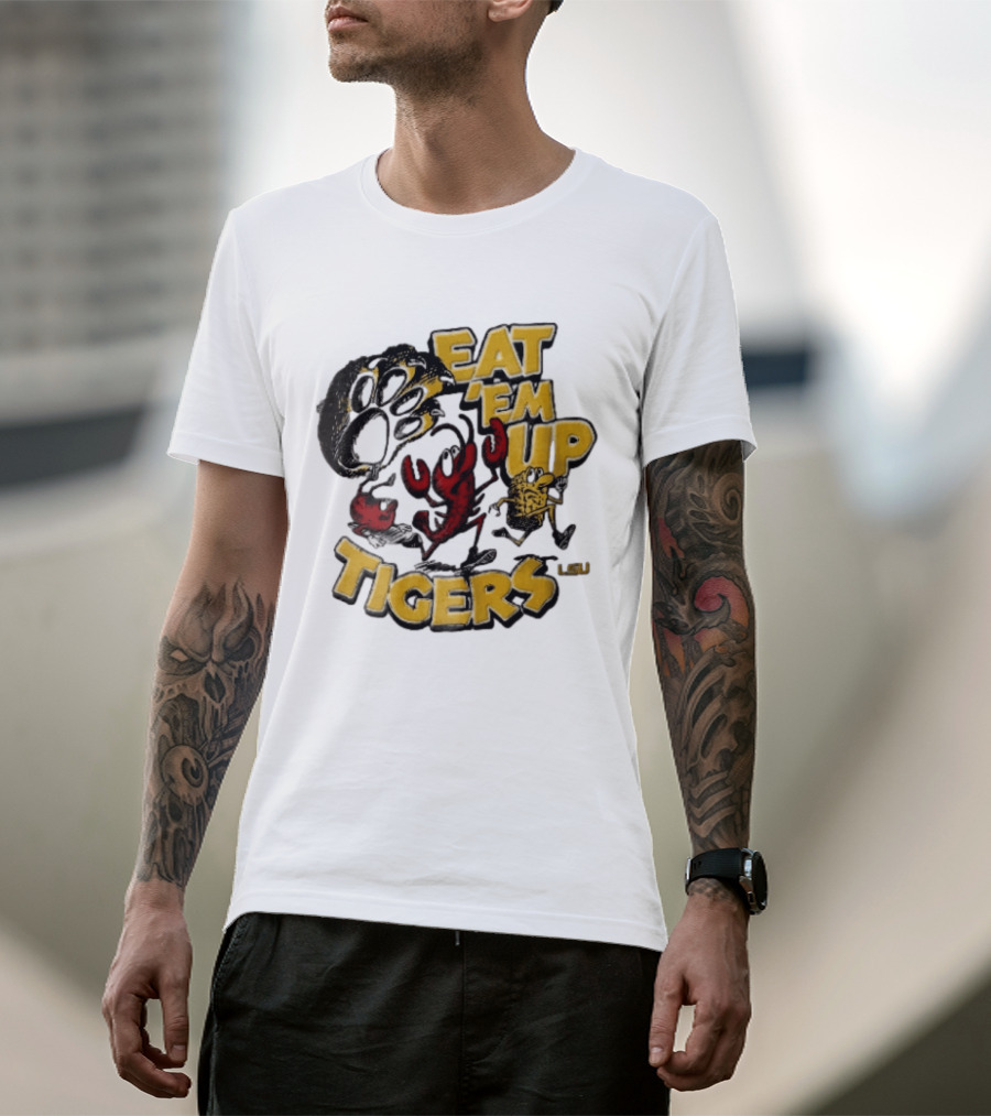 LSU Tigers Eat Em Up Cartoon Crawfish Corn Bean Paw Running T-Shirt