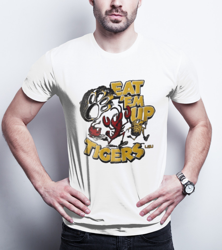 LSU Tigers Eat Em Up Cartoon Crawfish Corn Bean Paw Running T-Shirt