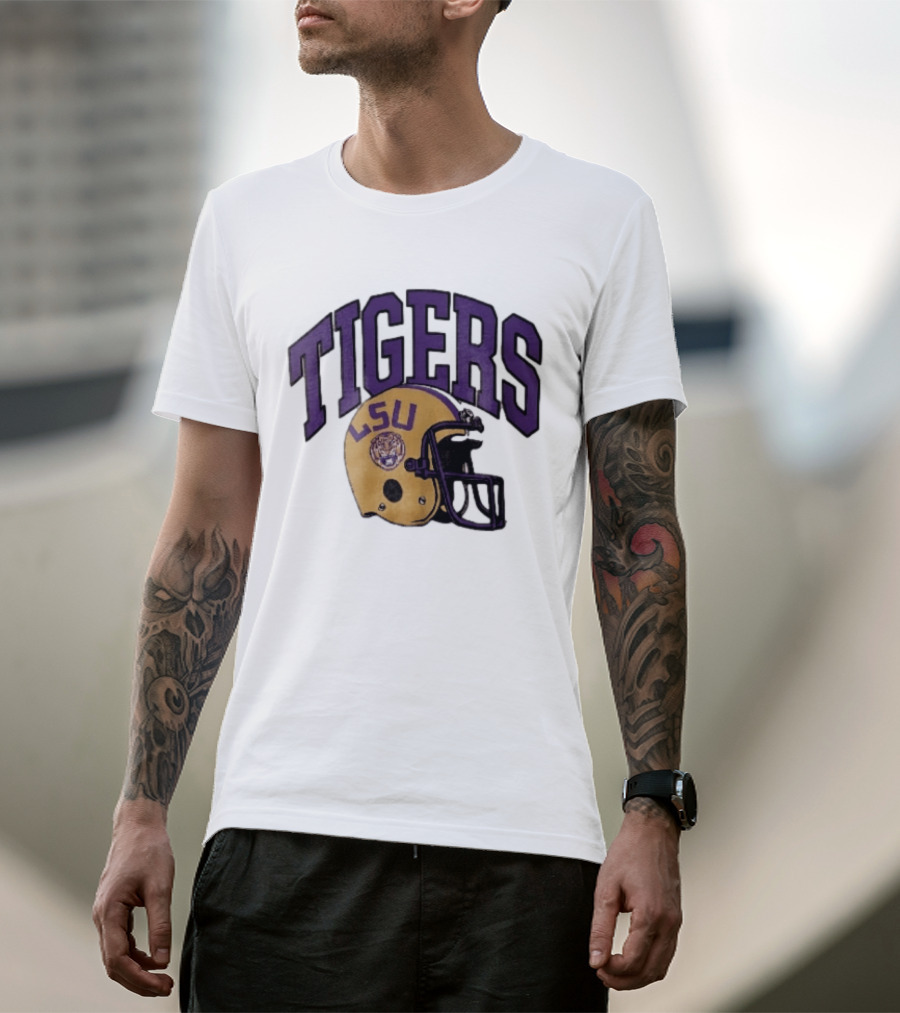 LSU Tigers Yellow Football Helmet Purple Arched Letters NCAA T-Shirt