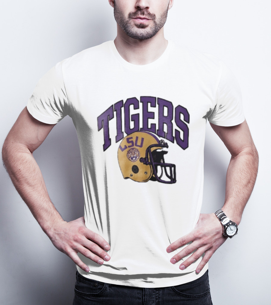 LSU Tigers Yellow Football Helmet Purple Arched Letters NCAA T-Shirt
