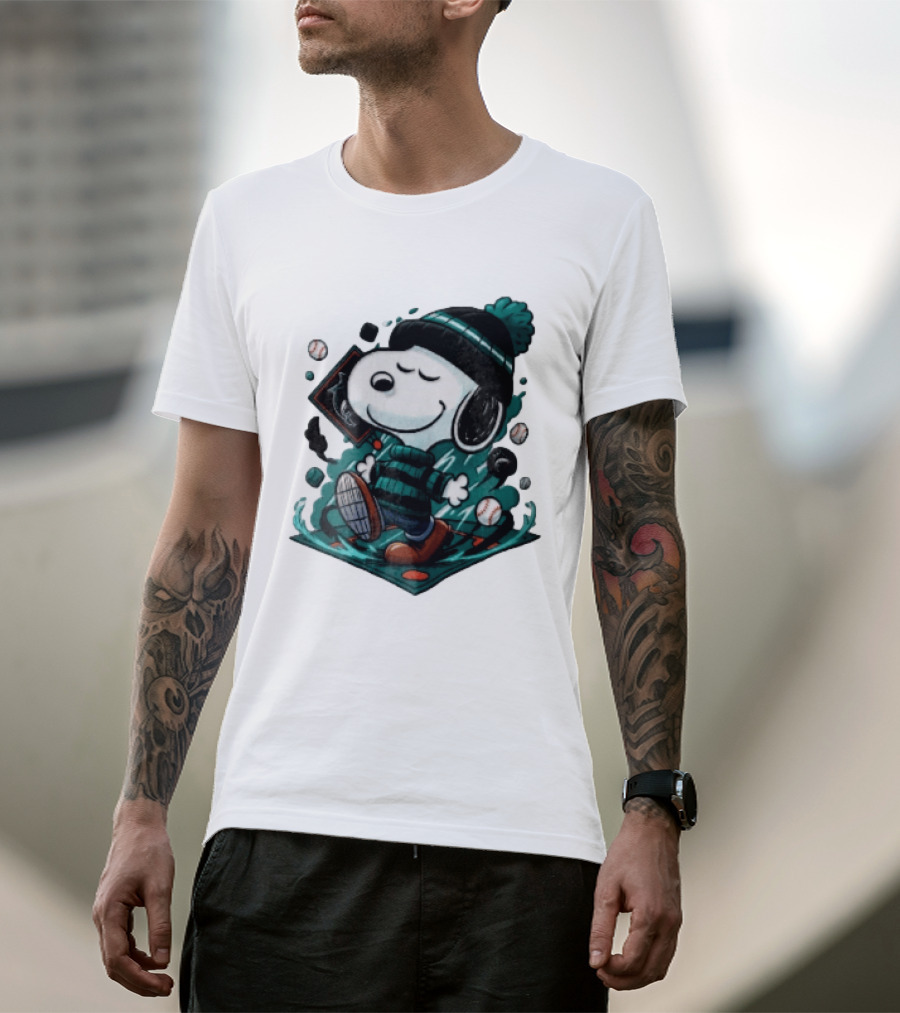 Miami Marlins MLB Snoopy Walking Teal Winter Beanie Striped Baseballs T-Shirt
