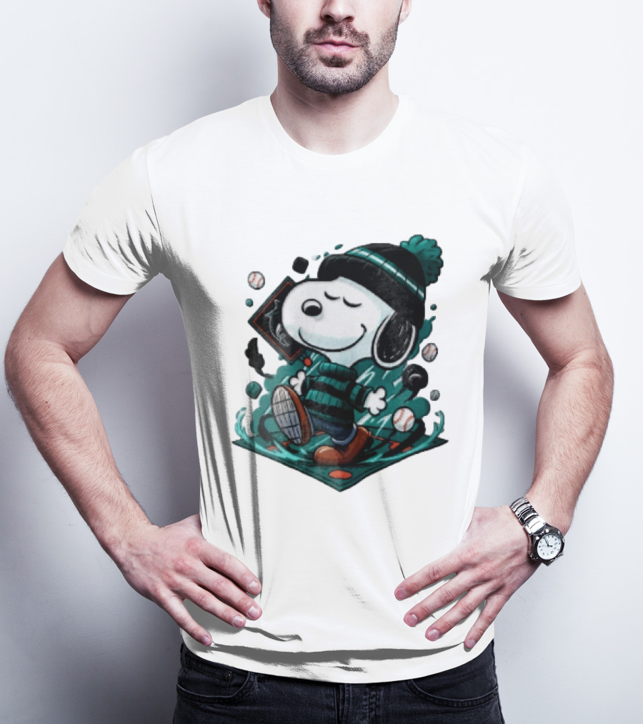 Miami Marlins MLB Snoopy Walking Teal Winter Beanie Striped Baseballs T-Shirt