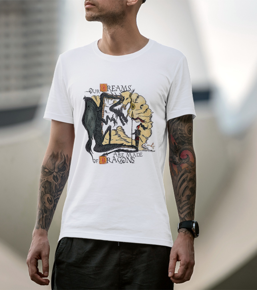 Our Dreams Are Made Of Dragons Artwork Yellow Red Black Fantasy T-Shirt