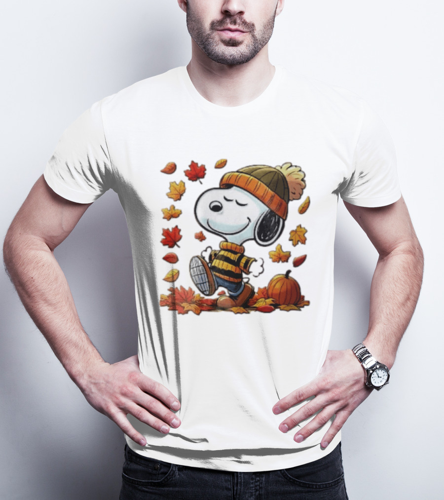 Snoopy Walking In Striped Beanie With Autumn Leaves And Pumpkin T-Shirt