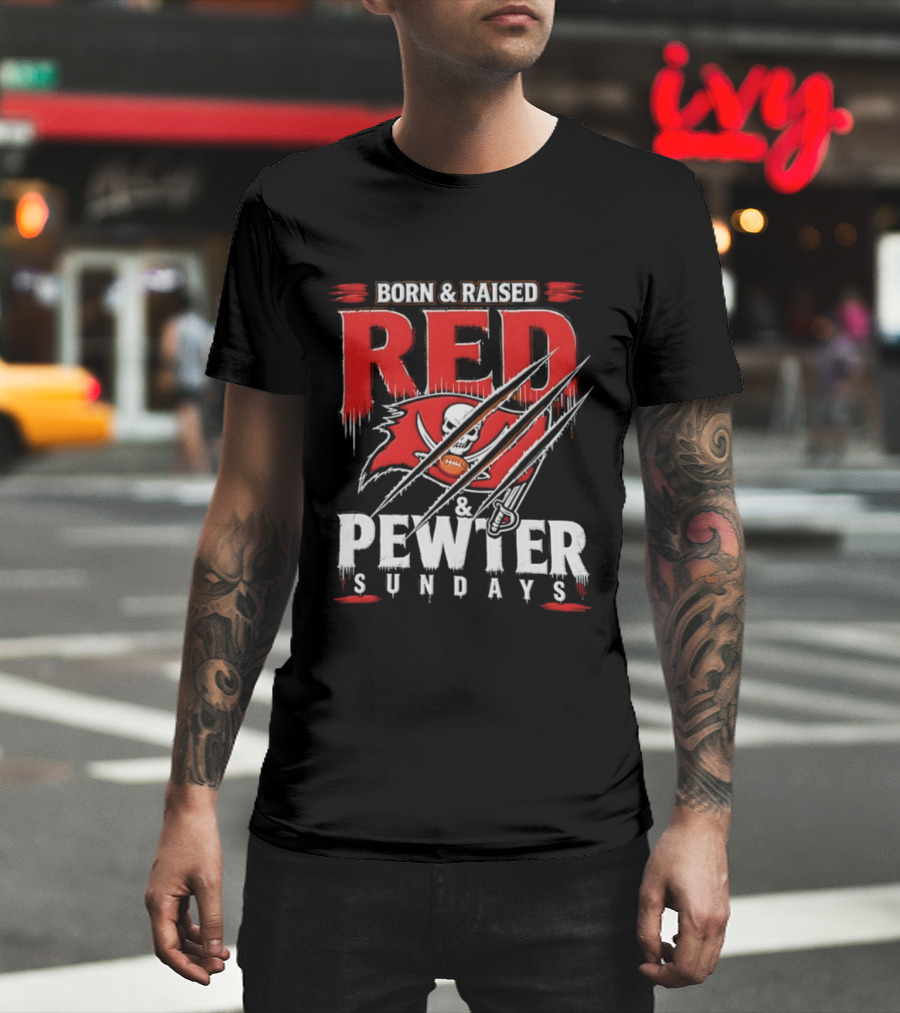 Born And Raised Red And Pewter Sundays Tampa Bay Buccaneers Flag Football T-Shirt
