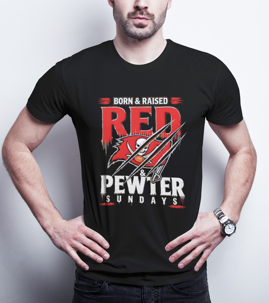 Born And Raised Red And Pewter Sundays Tampa Bay Buccaneers Flag Football T-Shirt